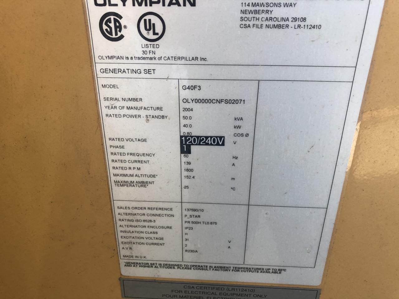 Olympian Generator Model G40F3