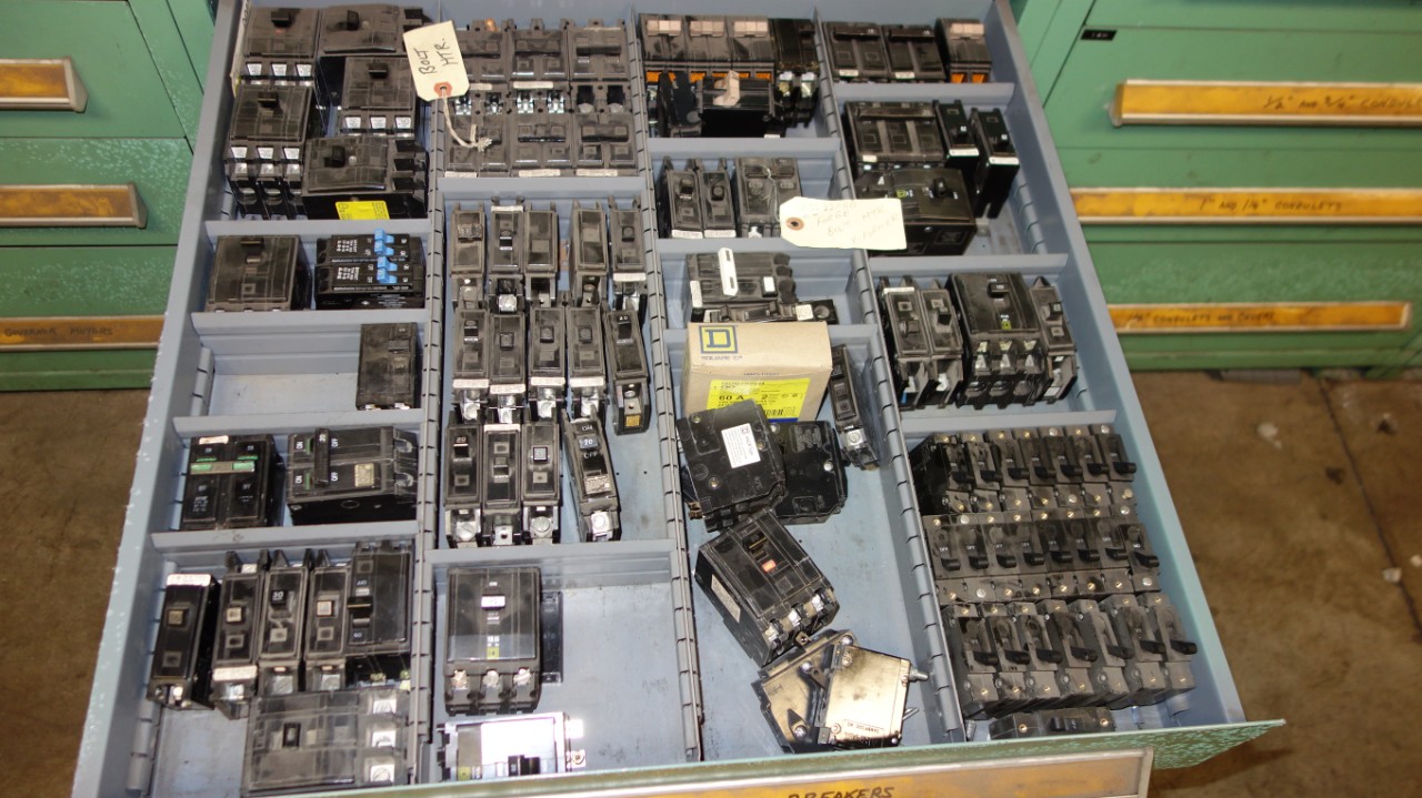 CONTENTS OF CABINET, ASSORTED ELECTRICAL MRO, BREAKERS, TEMPERATURE ...