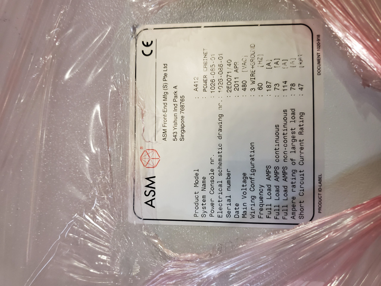 ASM A412 Diffusion Furnace FVX2561, 480V, 60Hz
