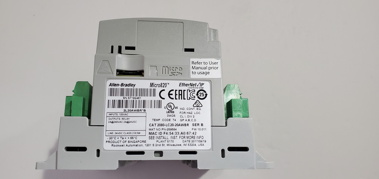 Allen Bradley Micro 820 2080-LC20-20AWB PLC