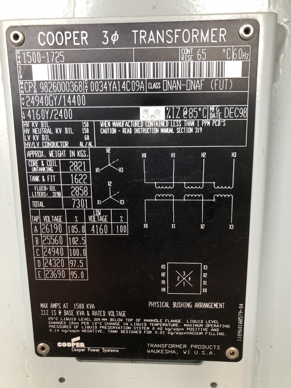 Cooper Power System 1500KVA 4160Y/2500V-AC Transformer