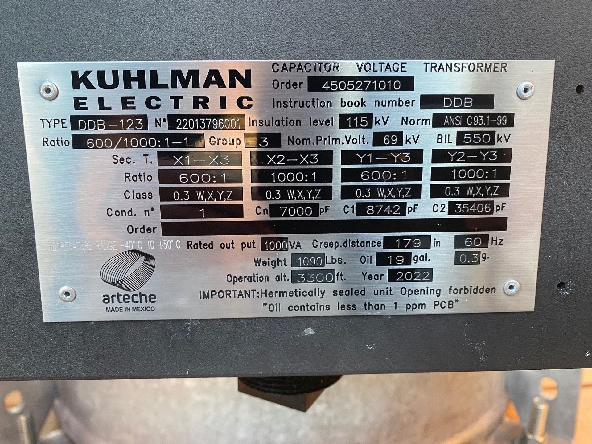 2022 Kuhlman Electric DDB-123 Capacitor Voltage Transformers (Lot of 6)