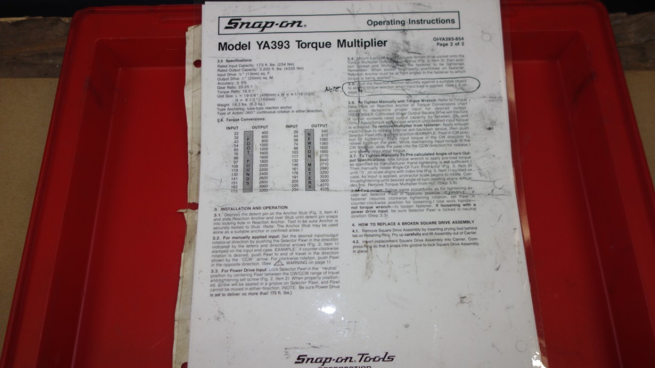 SNAP-ON YA393 TORQUE MULTIPLIER KIT For Sale | Aucto