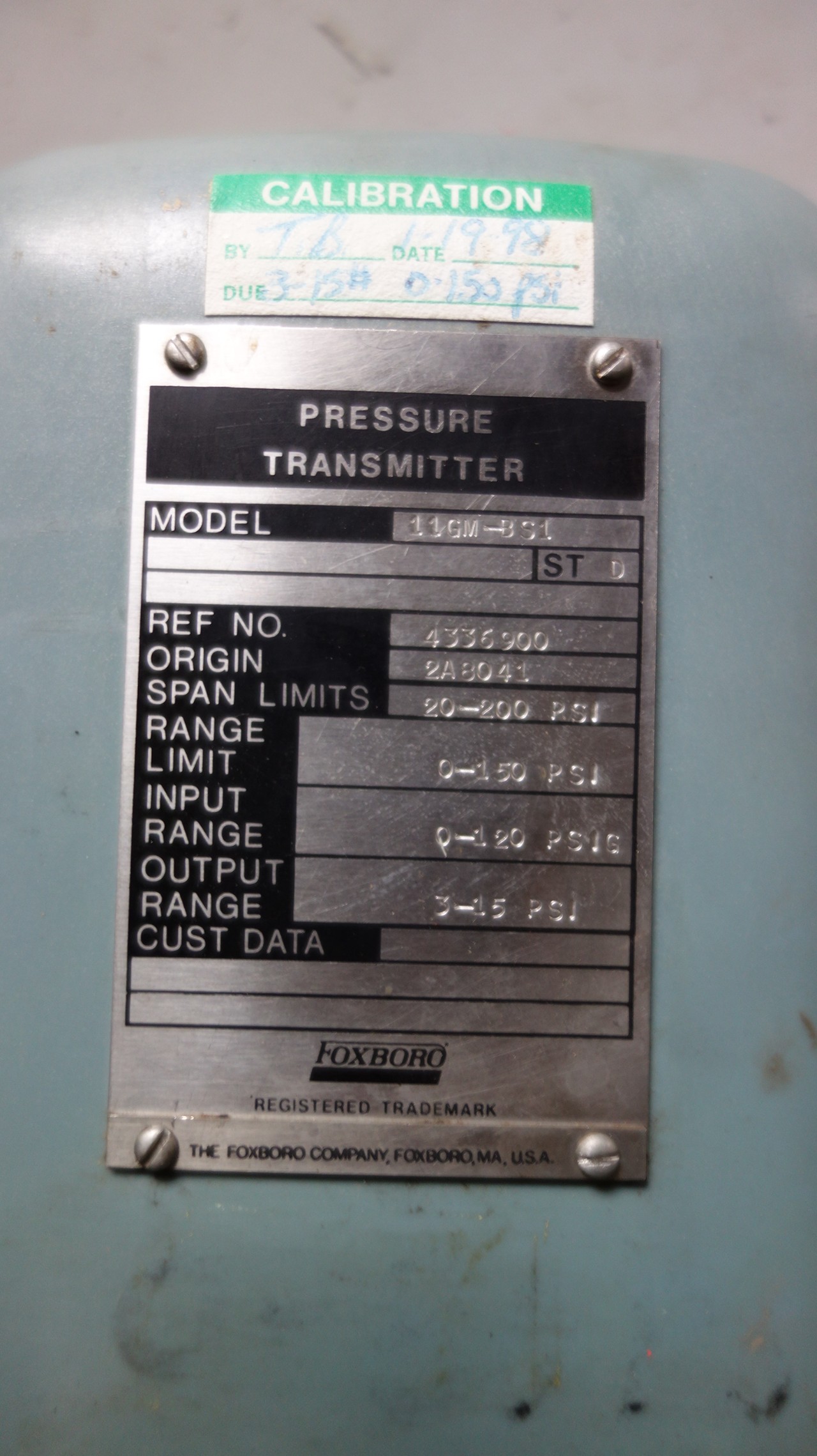 FOXBORO 11GM-BS1 PRESSURE TRANSMITTER