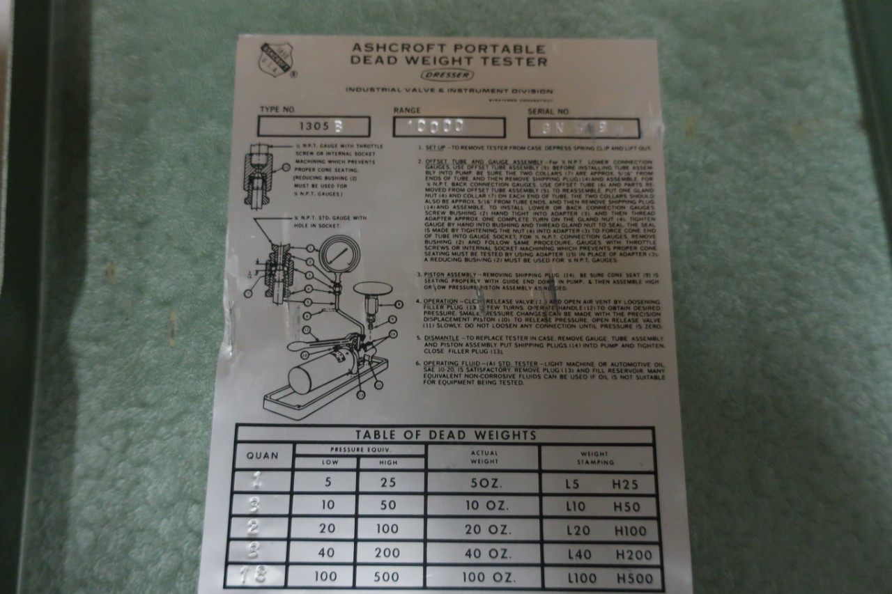 ASHCROFT 1305B PORTABLE DEAD WEIGHT TESTER W/ WEIGHTS