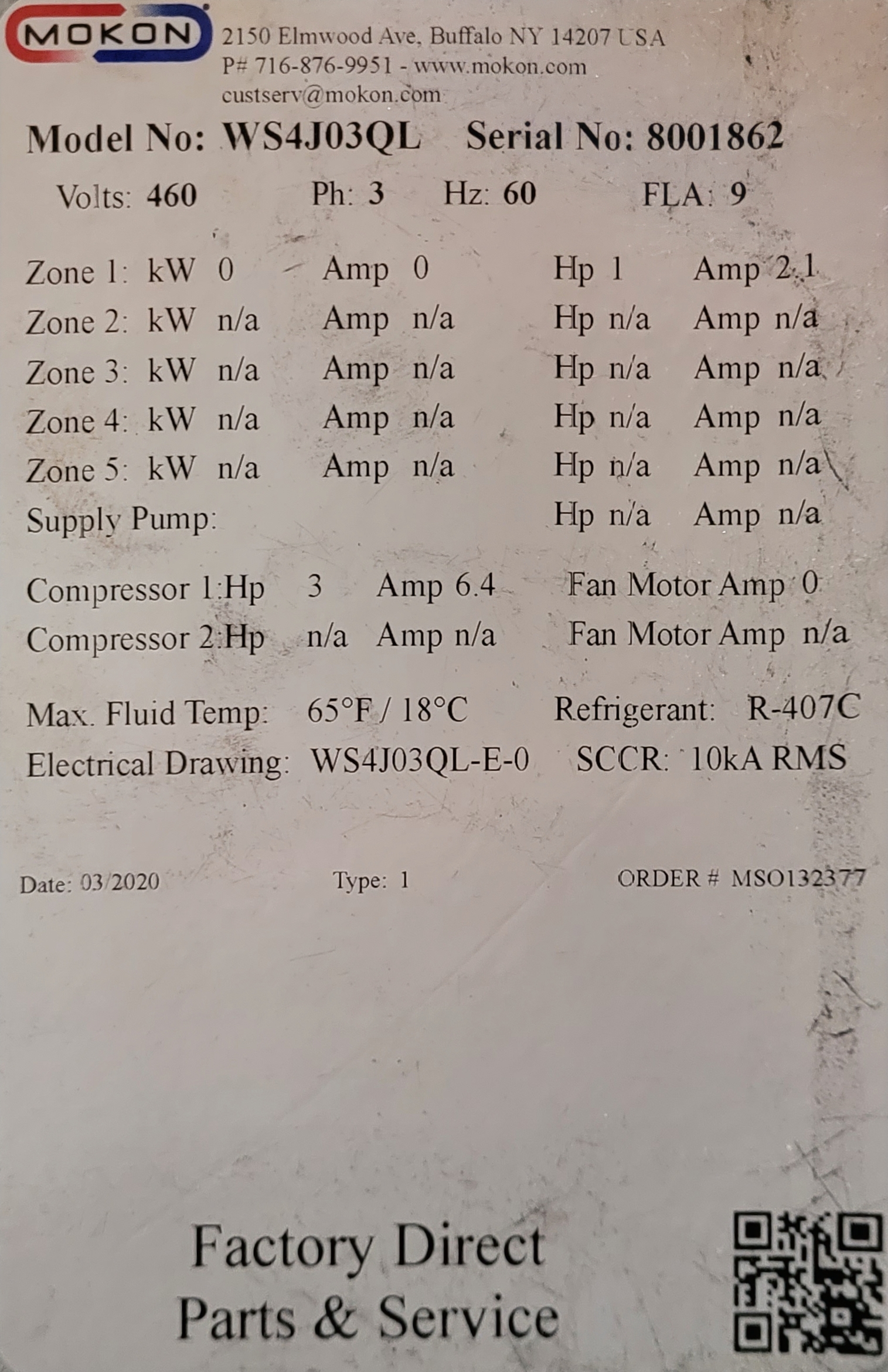 2020 MOKON WS4J3QL 460V WATER CHILLER