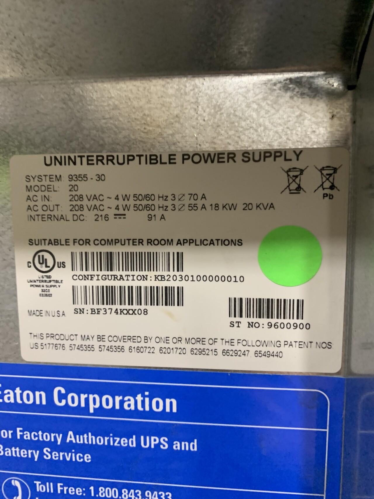 UPS EATON Corporation System 9355-30 Model 20 18KW 20 KVA For Sale | Aucto