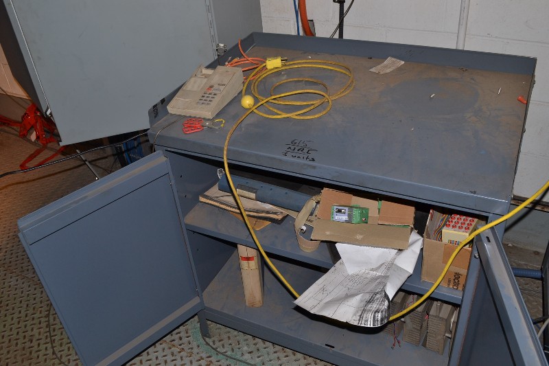 STEEL TABLES AND CART WITH CONTENTS - MOTORS, BREAKERS, RELAYS ...