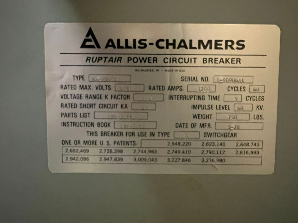 1978 Siemens Allis-Chalmers MA-250C1 High Voltage Ruptair Power Circuit ...