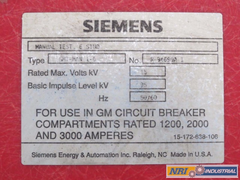 SIEMENS GMT-MAN 1-6 3000A 15KV-AC SWITCHGEAR GROUND TEST DEVICE SIEMENS GMT-MAN 1-6 3000A 15KV-AC SWITCHGEAR GROUND TEST DEVICE