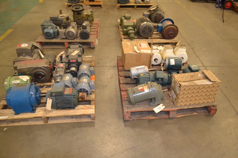 4 PALLETS OF ASSORTED AC / DC MOTORS AND GEAR REDUCERS RELIANCE SEW EURODRIVE US MOTORS