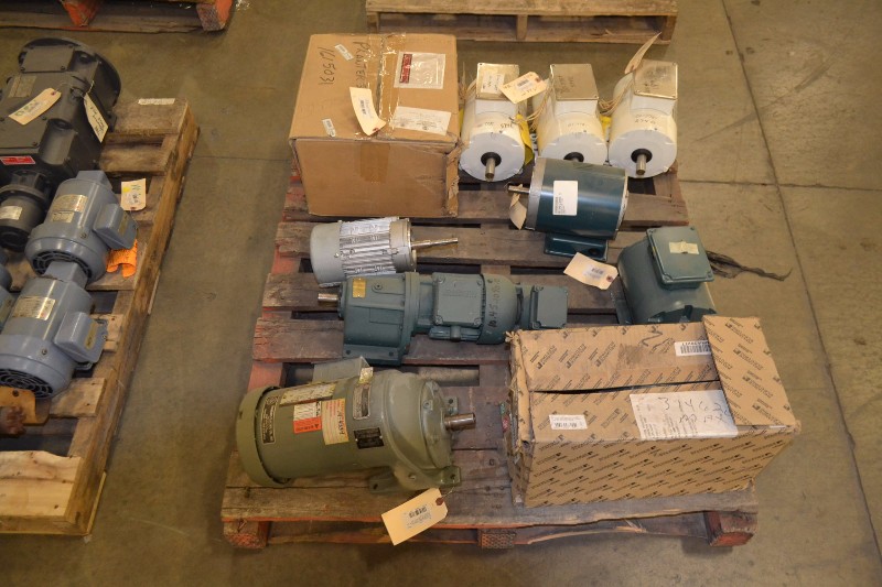 4 PALLETS OF ASSORTED AC / DC MOTORS AND GEAR REDUCERS RELIANCE SEW EURODRIVE US MOTORS