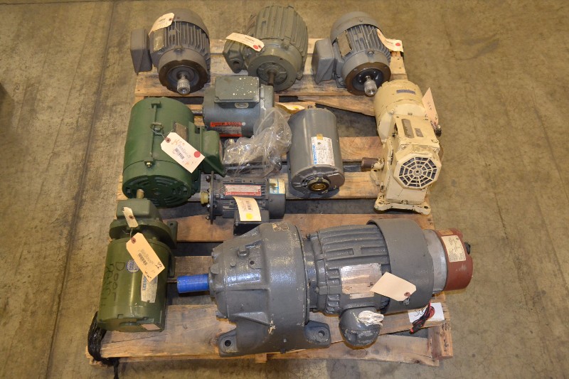 4 PALLETS OF ASSORTED AC / DC MOTORS AND GEAR REDUCERS SEW RELIANCE ALLEN BRADLEY