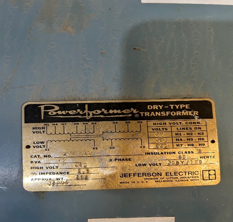 Jefferson Electric Wall Mounted Dry Transformer