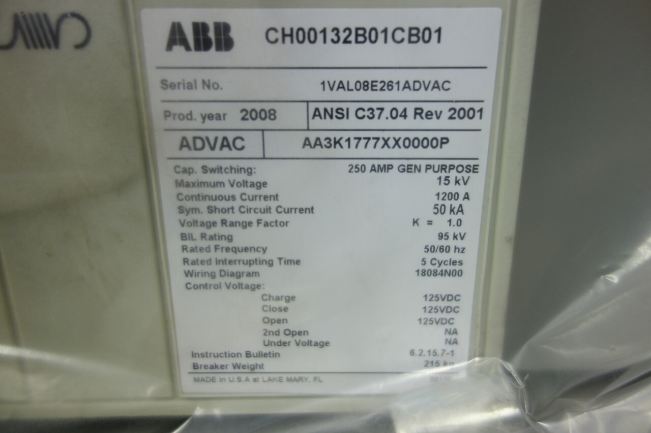 ABB ADVAC CH00132B01CB01 MEDIUM VOLTAGE VACUUM CIRCUIT BREAKER