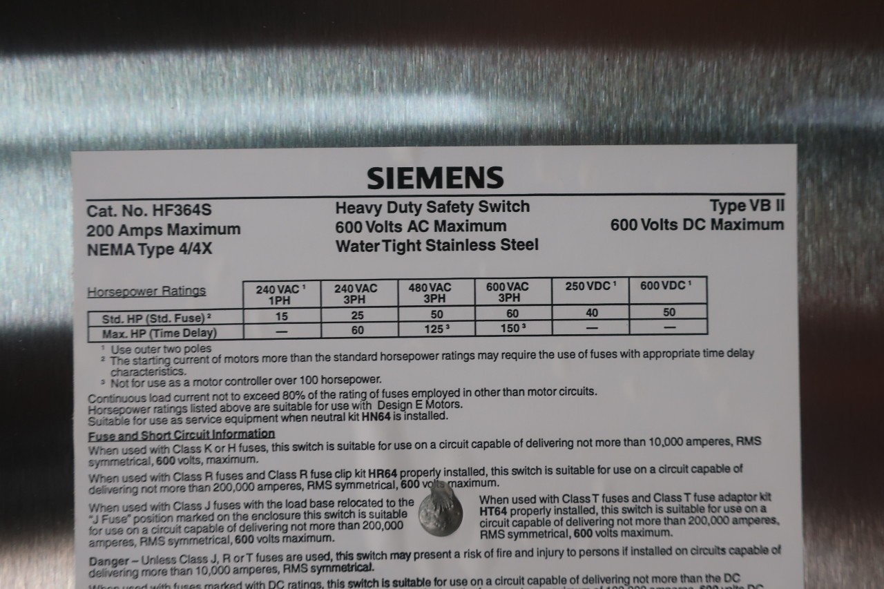 SIEMENS HF364S FUSIBLE DISCONNECT SWITCH 3P 200A AMP 600V-AC For Sale ...