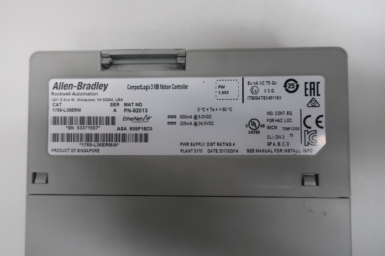 ALLEN BRADLEY 1769-L36ERM COMPACTLOGIX 3MB MOTION SER A CONTROLLER MODULE