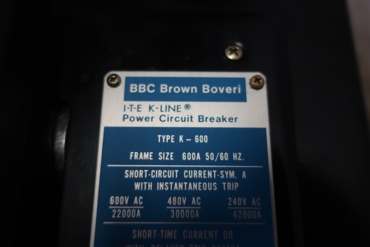 ITE K-600 K-LINE BBC BROWN BOVERI 22000A AMP 600A AMP 600V-AC AIR CIRCUIT BREAKER