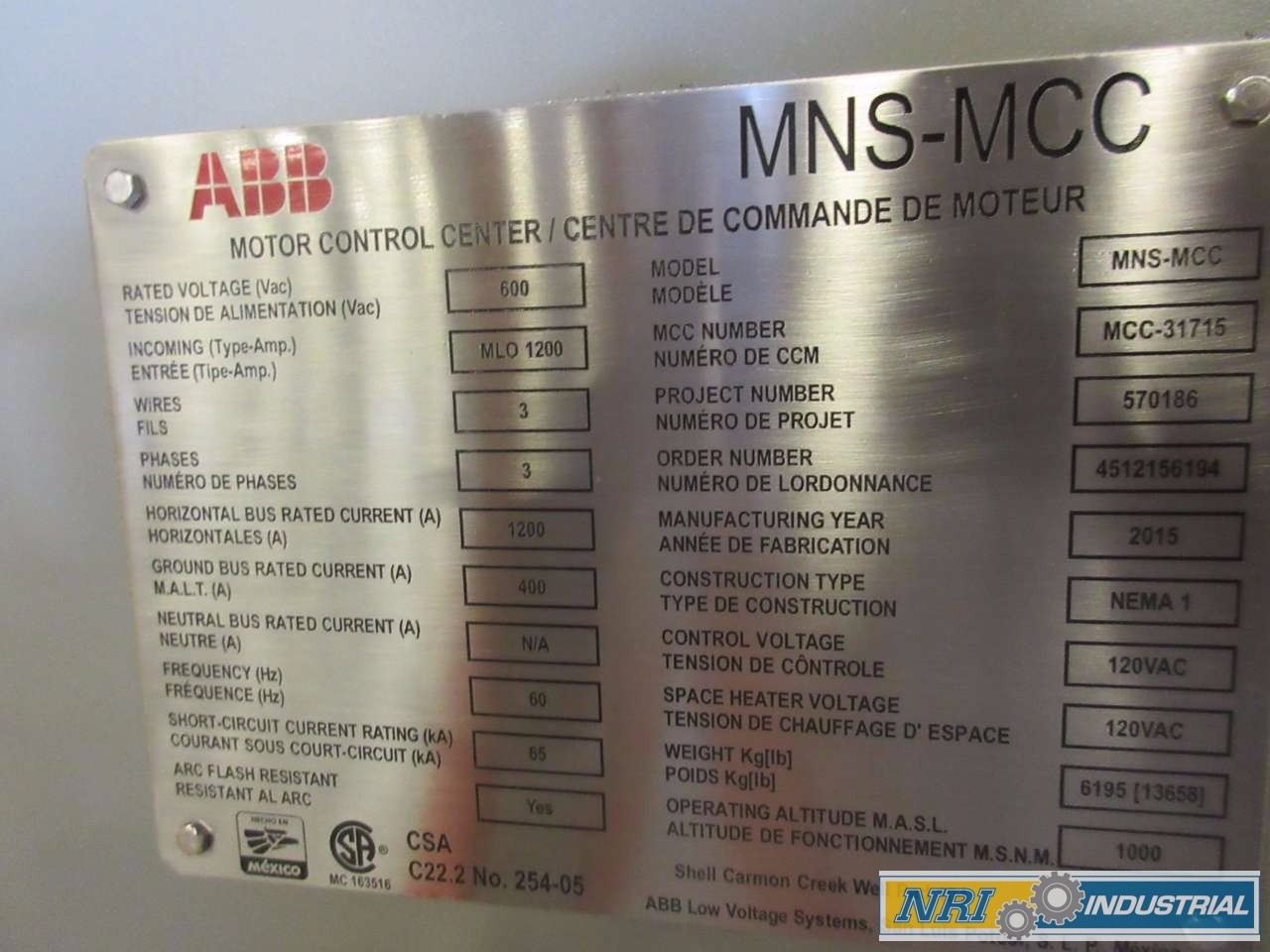 NEW ABB MNS-MCC 1200A AMP 600V-AC MCC SWITCHGEAR INCOMING MAIN