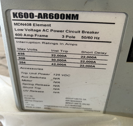 QTY 3 - EATON K600-AR600NM LOW VOLTAGE POWER CIRCUIT BREAKER