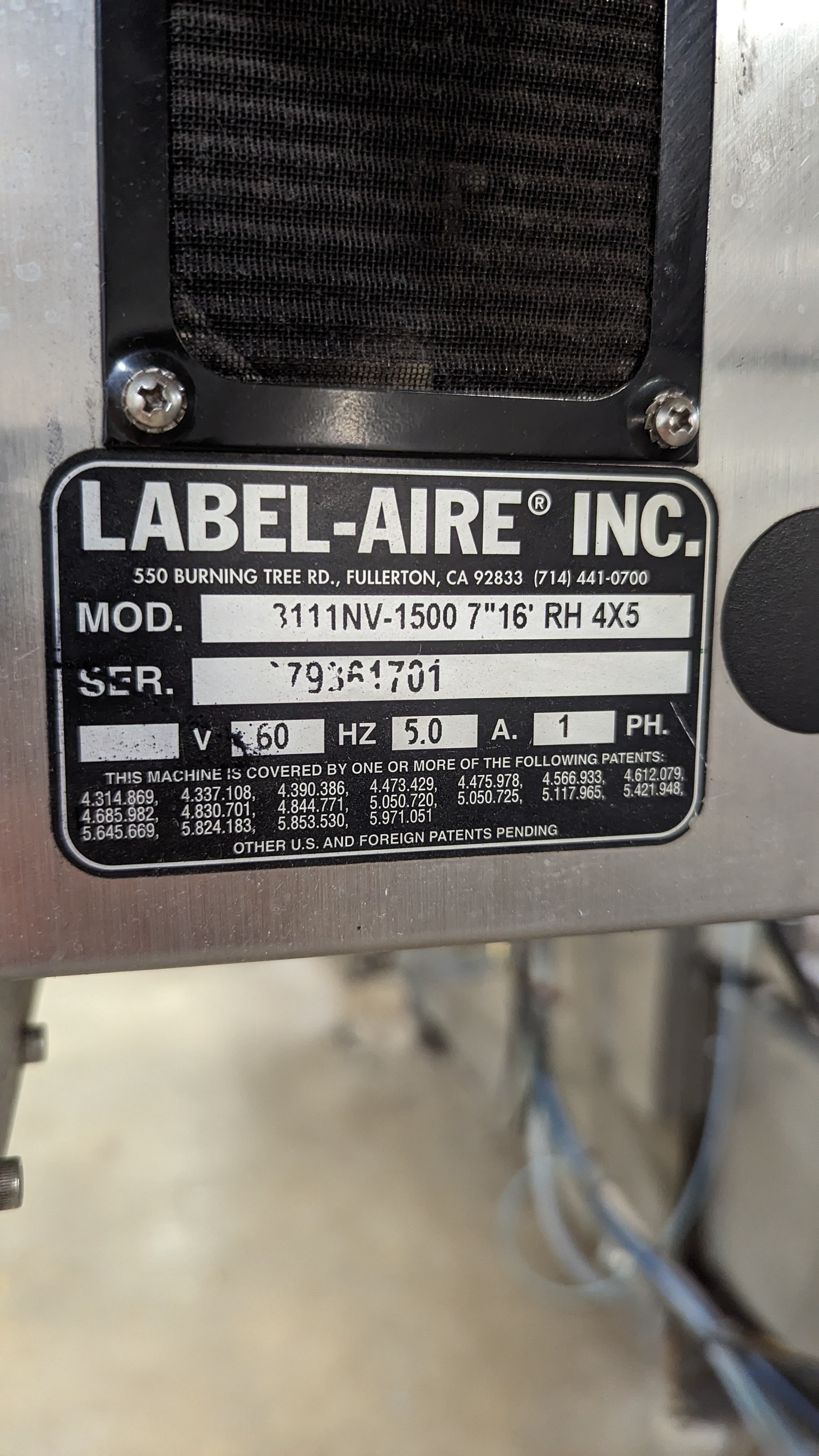 LABEL-AIRE 3111NV-1500 7"16' RH 4x5 LABELER WITH STAND