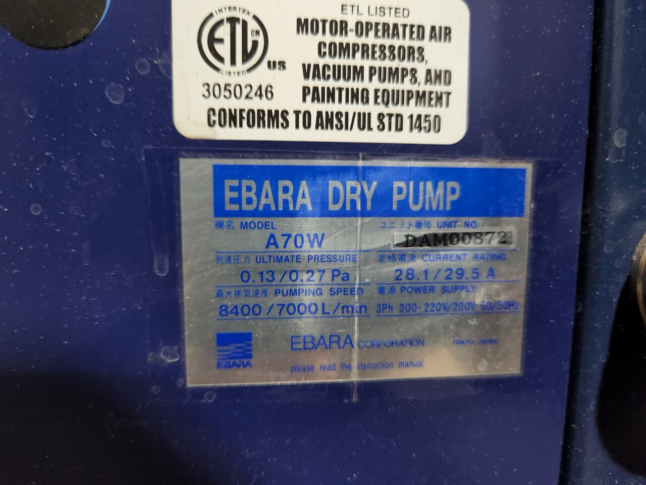 Ebara A70W Multi-Stage Dry Vacuum Pump - Serial# DAM00872 For Sale | Aucto