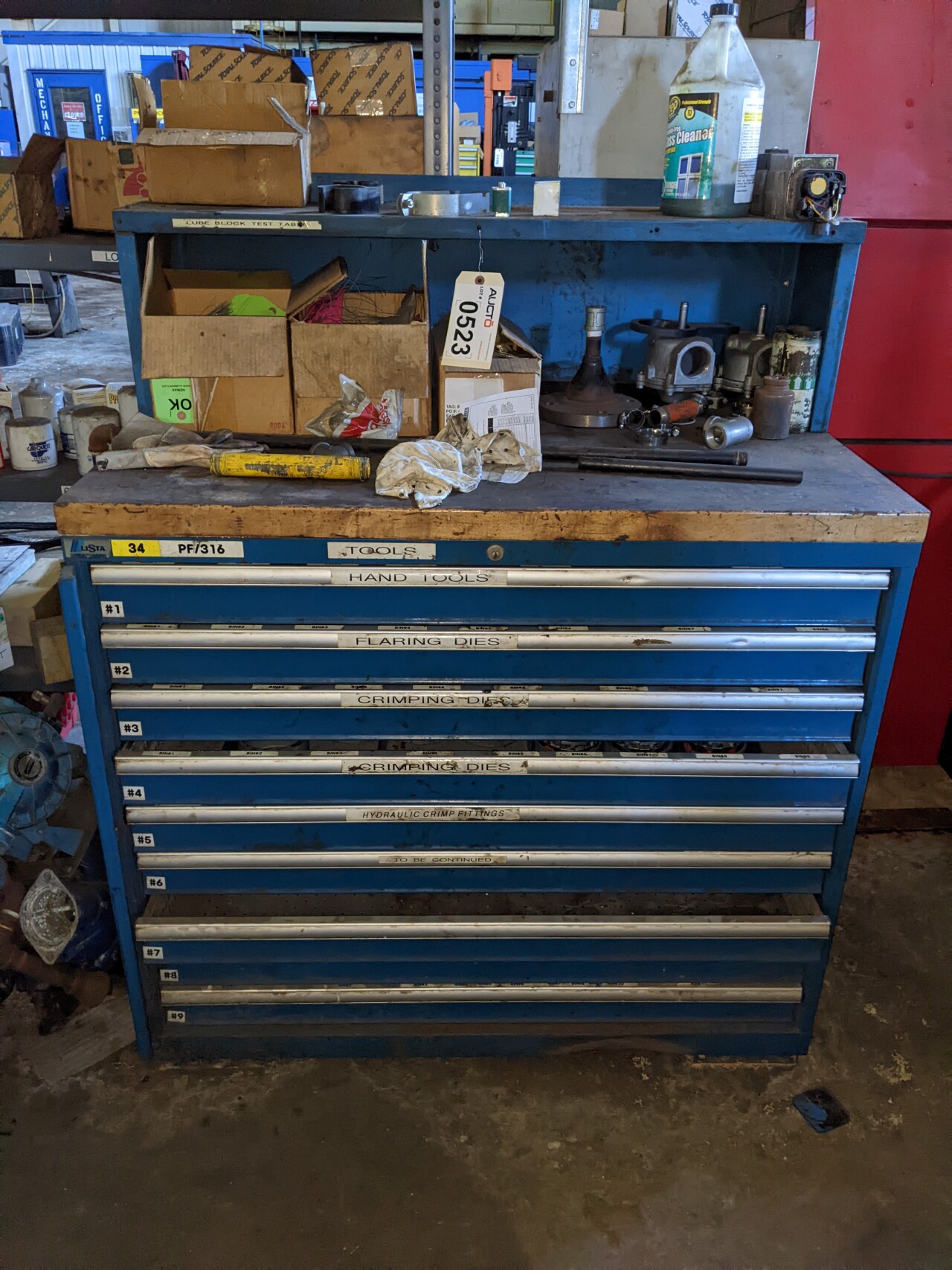 9 DRAWER LISTA TOOL CABINET WITH CONTENTS, ASSORTED HAND TOOLS, HAMMERS ...