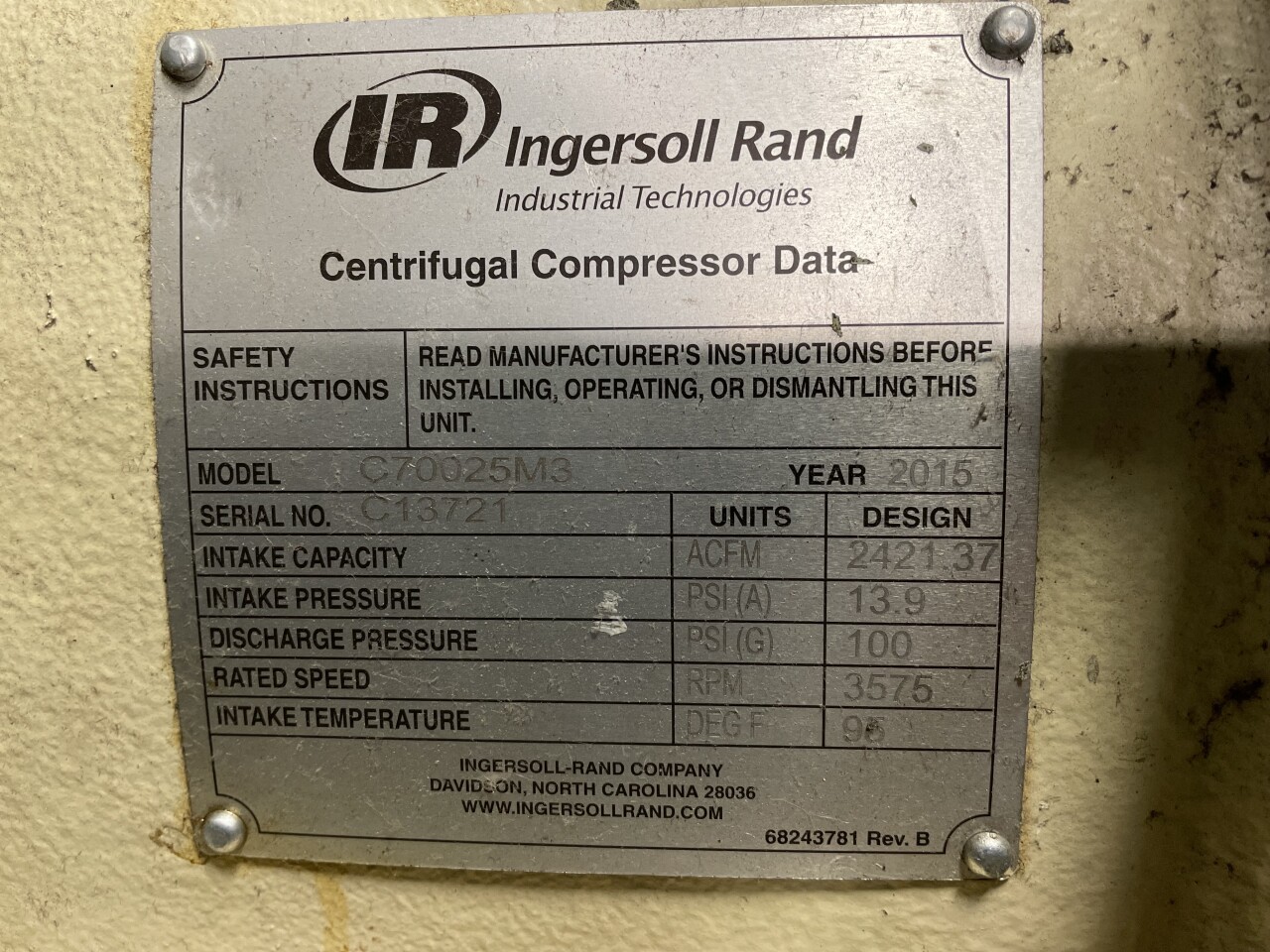 2015 Ingersoll Rand C700 Centac Air Compressor