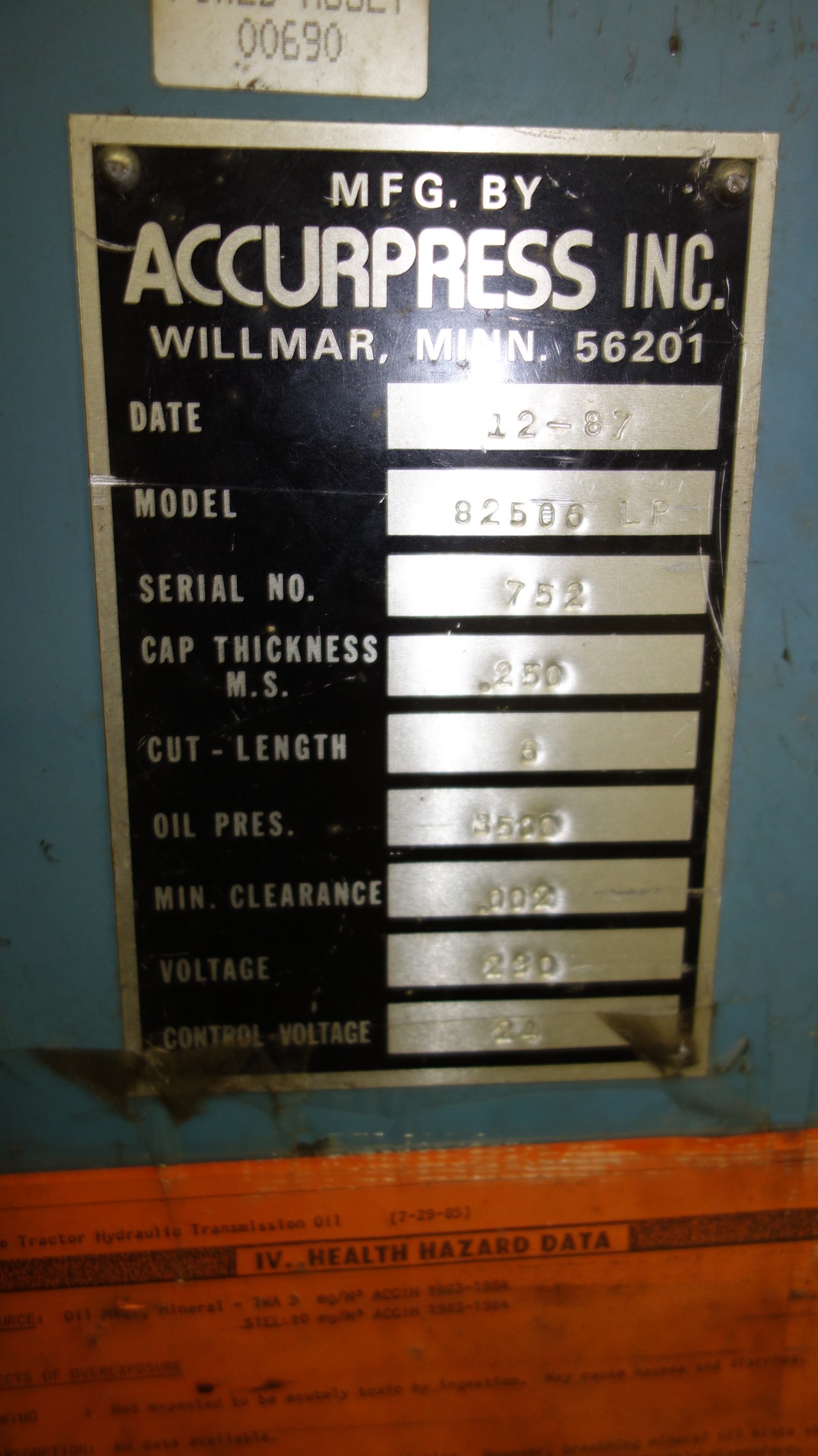 ACCURPRESS 82506 LP ACCURSHEAR HYDRAULIC SQUARING SHEAR 230V-AC