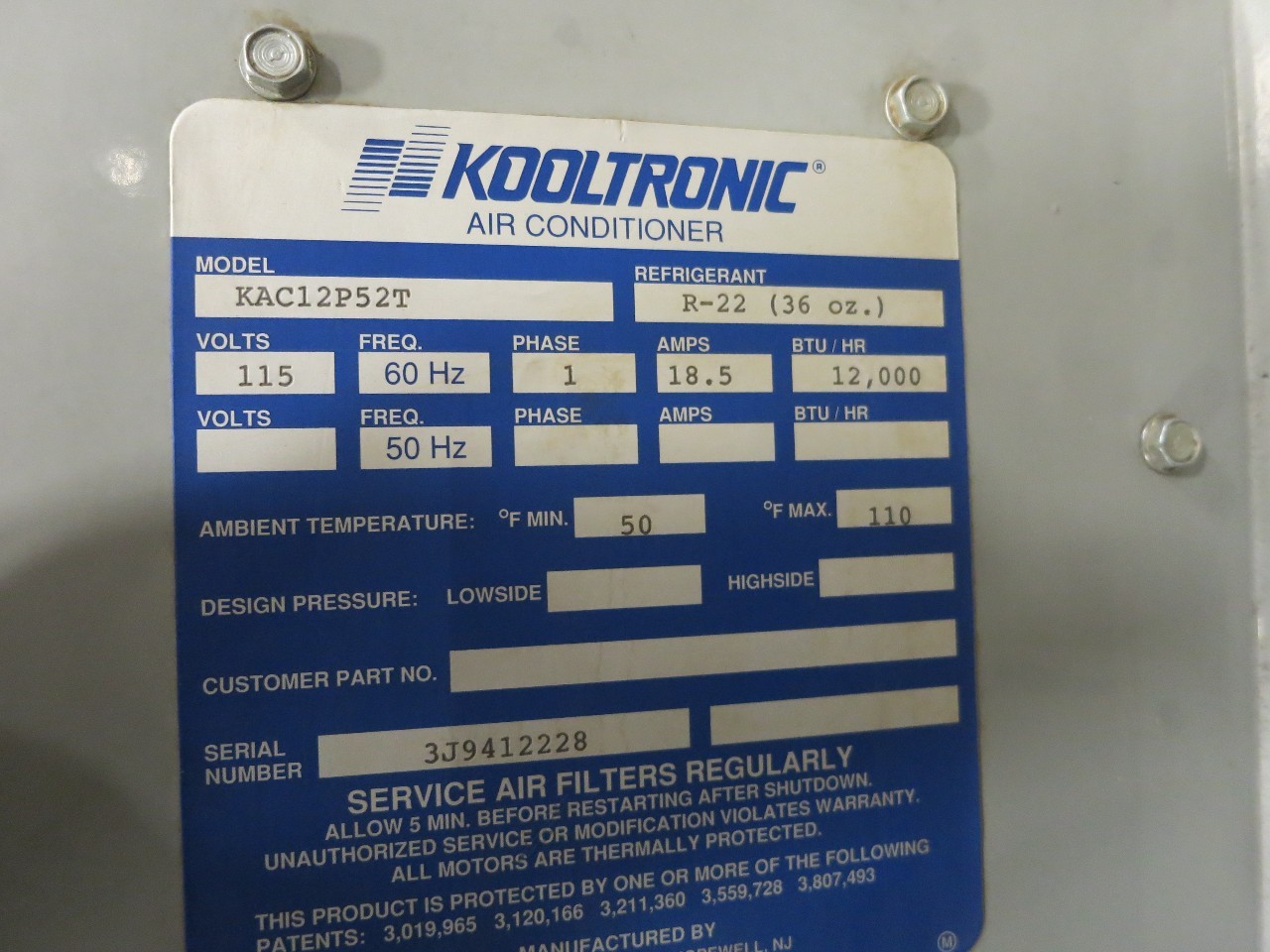 KOOLTRONIC KAC12P52T AIR CONDITIONER 115V, 1PH 12,000BTU/HR For Sale ...