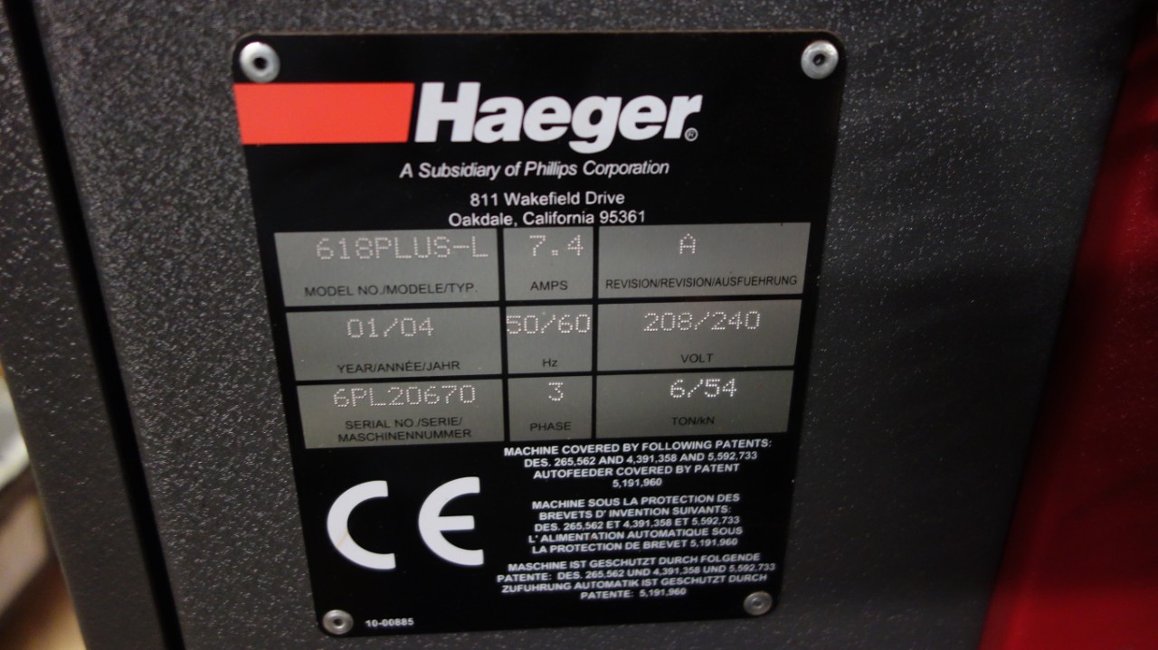 HAEGER 618PLUS-L FASTENER INSERTION SYSTEM PRESS MACHINE 208/240V-AC ...