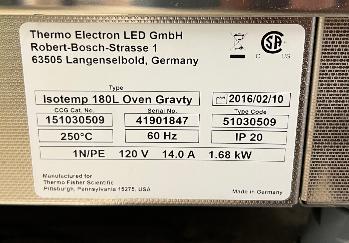 FISHER SCIENTIFIC ISOTEMP 180L GRAVITY INCUBATOR