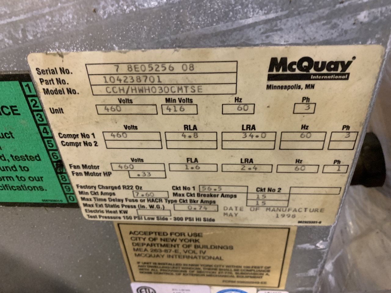 MCQUAY 460VOLT HEAT PUMP UNIT 104238701