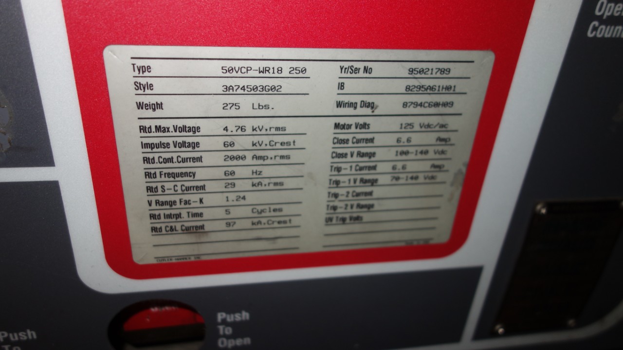WESTINGHOUSE 50VCP-WR18 2000A 4.76KV SWITCHGEAR AIR CIRCUIT BREAKER