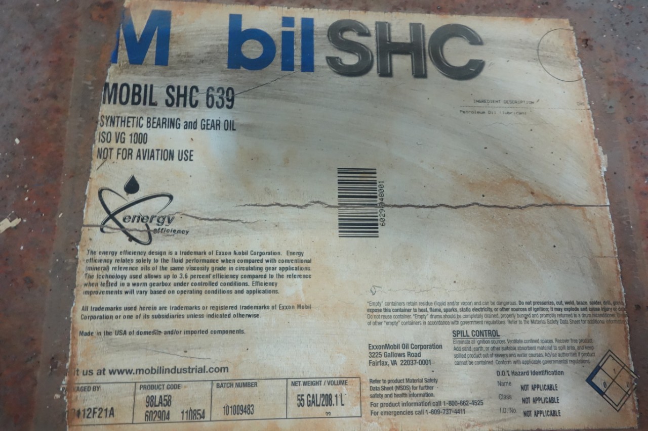 LOT OF 2 FULL 55 GALLON DRUMS OF MOBIL SHC 639 SYNTHETIC BEARING AND ...
