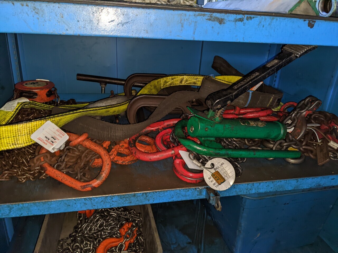 Rolling Tool Cabinet With Contents Assorted Rigging Equipment Slings Chains Hooks Binders