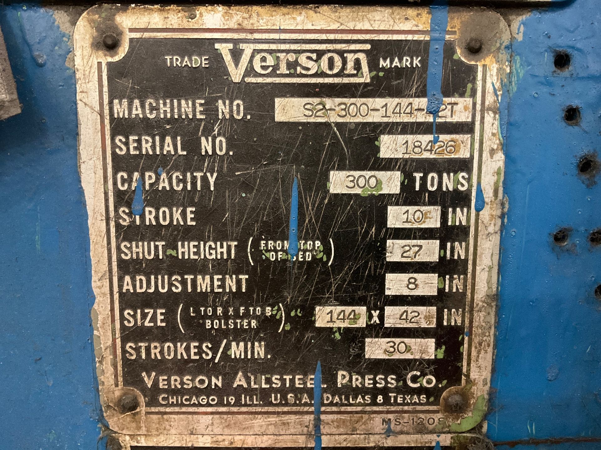 1965 VERSON S2-300-144 300 TON MECHANICAL PRESS