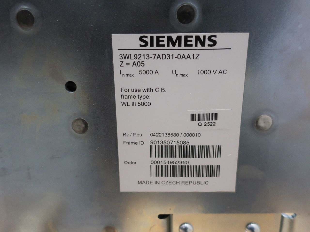SIEMENS 3WL1350-4EB35-5FA4 CUBICLEBUS WL III 5000 H 5000A AMP 1000V-AC ...