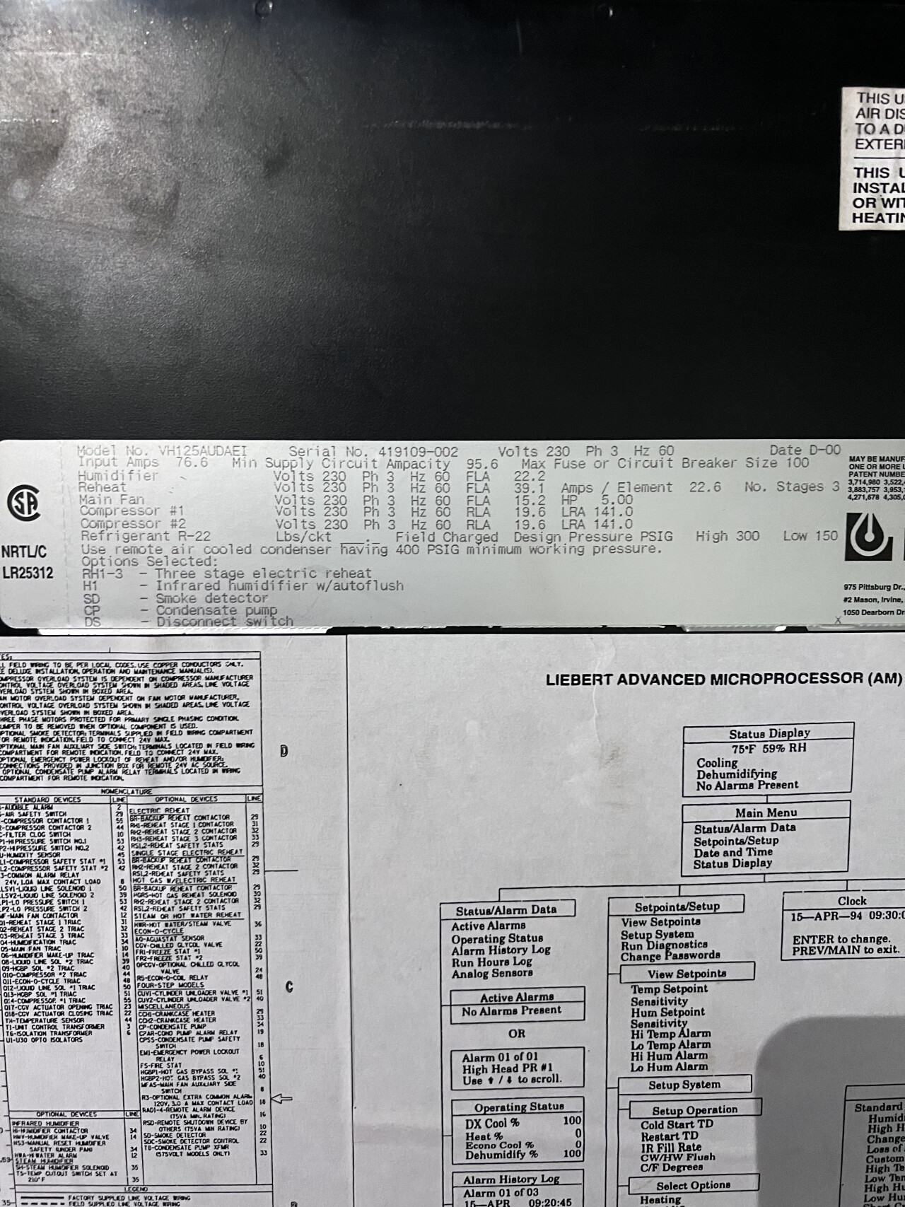 LIEBERT CDF165LA DATA CENTER AC CONDENSER & LIEBERT VH125AUDAEI DATA ...