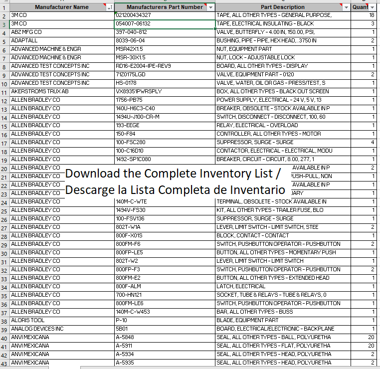 Indirect Material List Mexico / Lista de Materiales Indirectos México