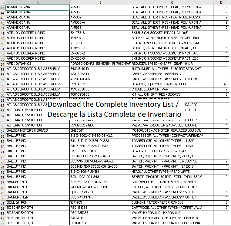 Indirect Material List Mexico / Lista de Materiales Indirectos México