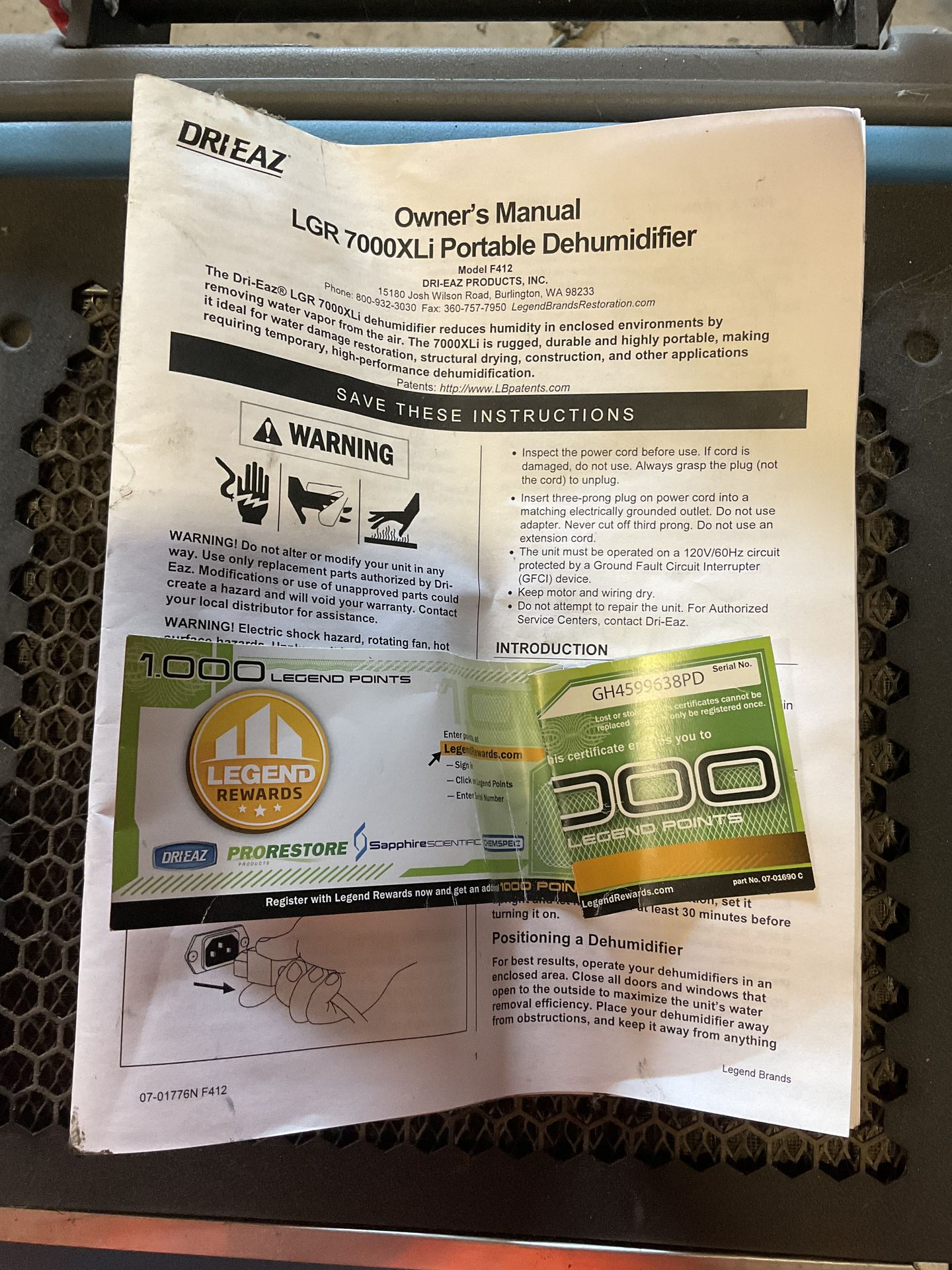 DRI-EAZ LGR 7000XLI F412 DEHUMIDIFIER