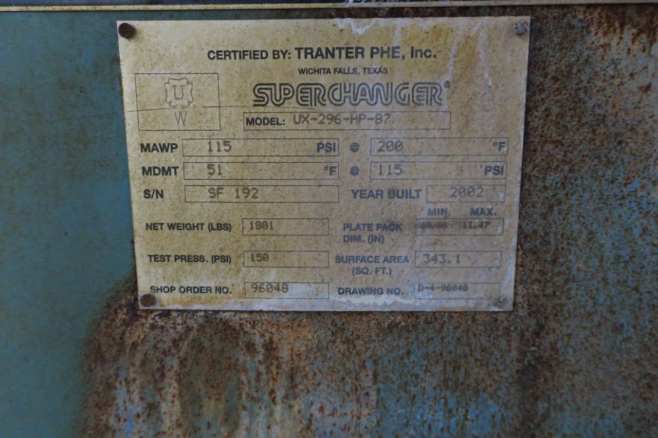 TRANTER PHE UX-296-HP-87 SUPERCHANGER 115PSI @ 200F PLATE HEAT ...